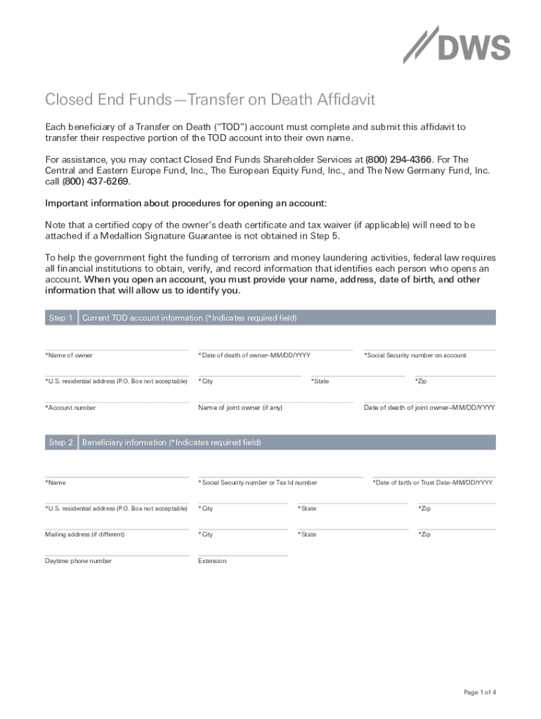 Fillable Online DWS CEF-TODAF-FORM. Closed End Funds TOD Affidavit Fax ...