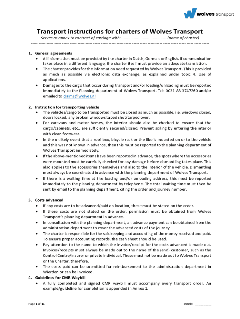 Fillable Online Transport instructions for charters of Wolves Transport ...