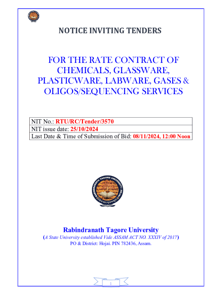 Fillable Online NOTICE INVITING TENDER (NIT) Annual Rate Contract for ... Fax Email Print ...