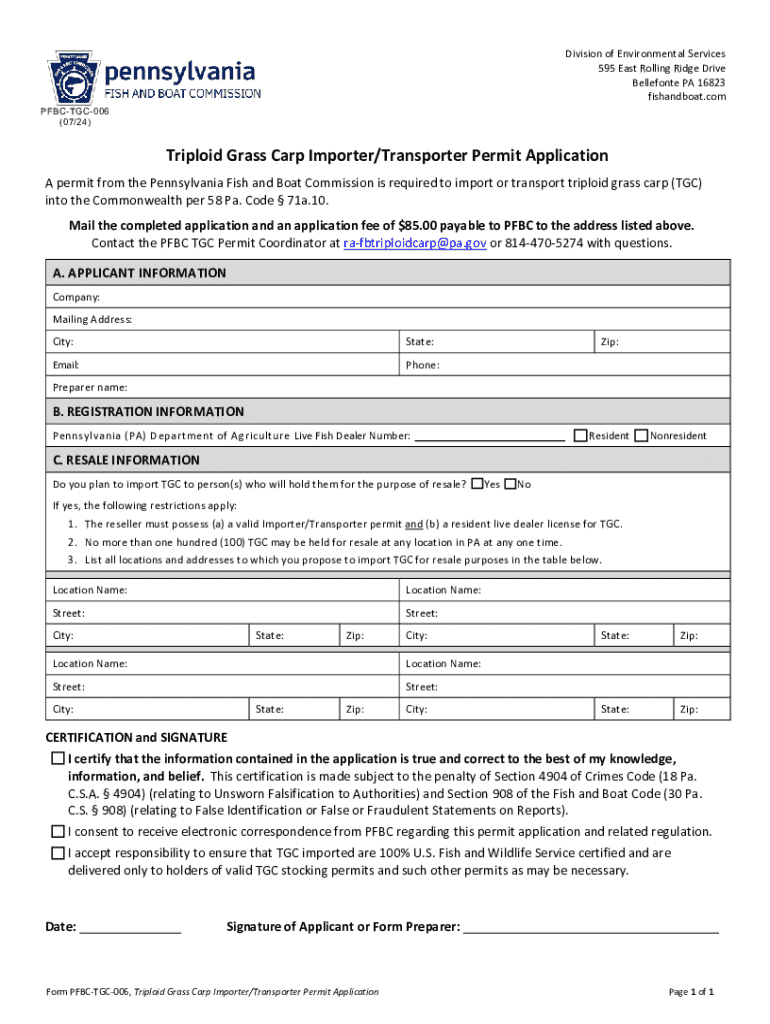 Fillable Online Triploid Grass Carp Importer/transporter Permit Application Fax Email Print ...