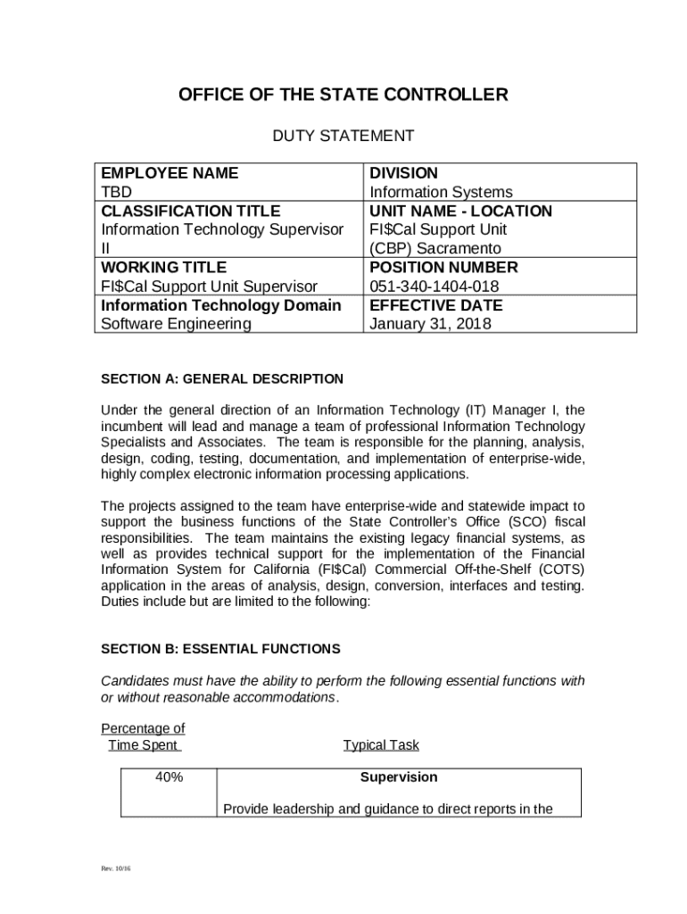 Job Posting: Ination Technology Supervisor II - CalCareers Doc Template | pdfFiller