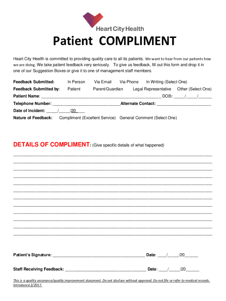 Fillable Online Patient Feedback Submission - Compliment Fax Email ...