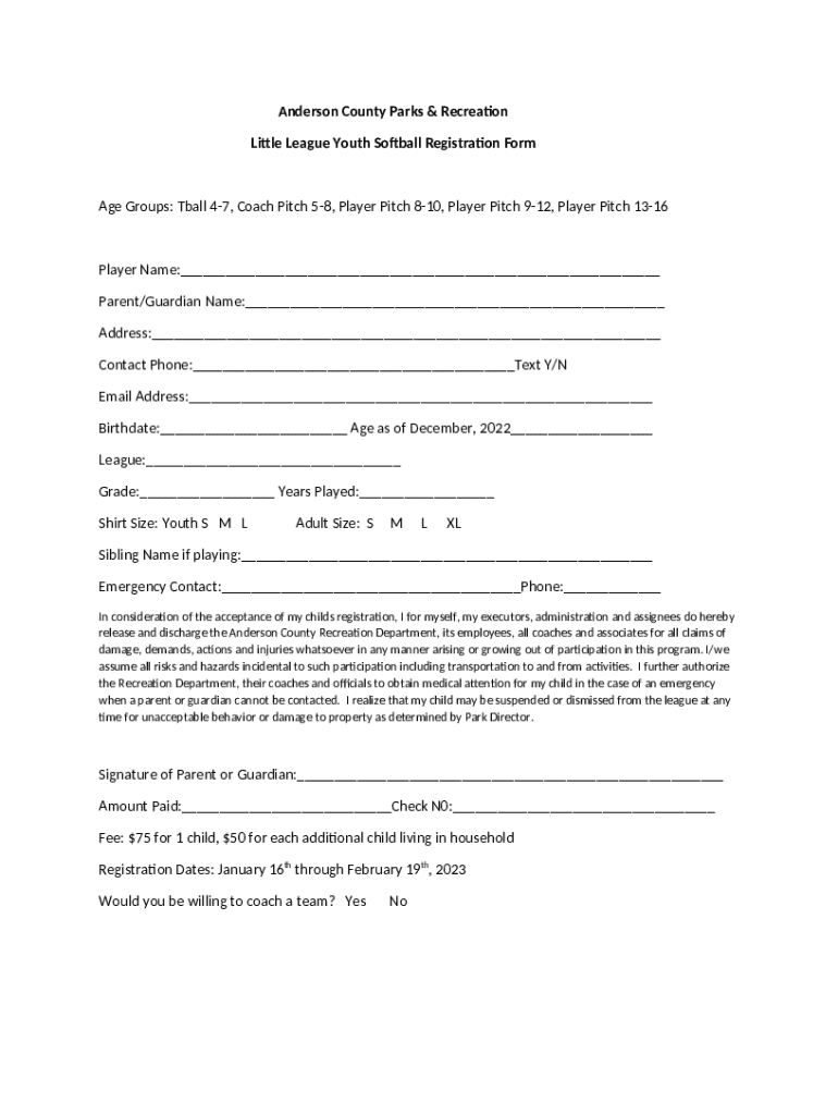 Little League Youth Softball Registration Doc Template | pdfFiller