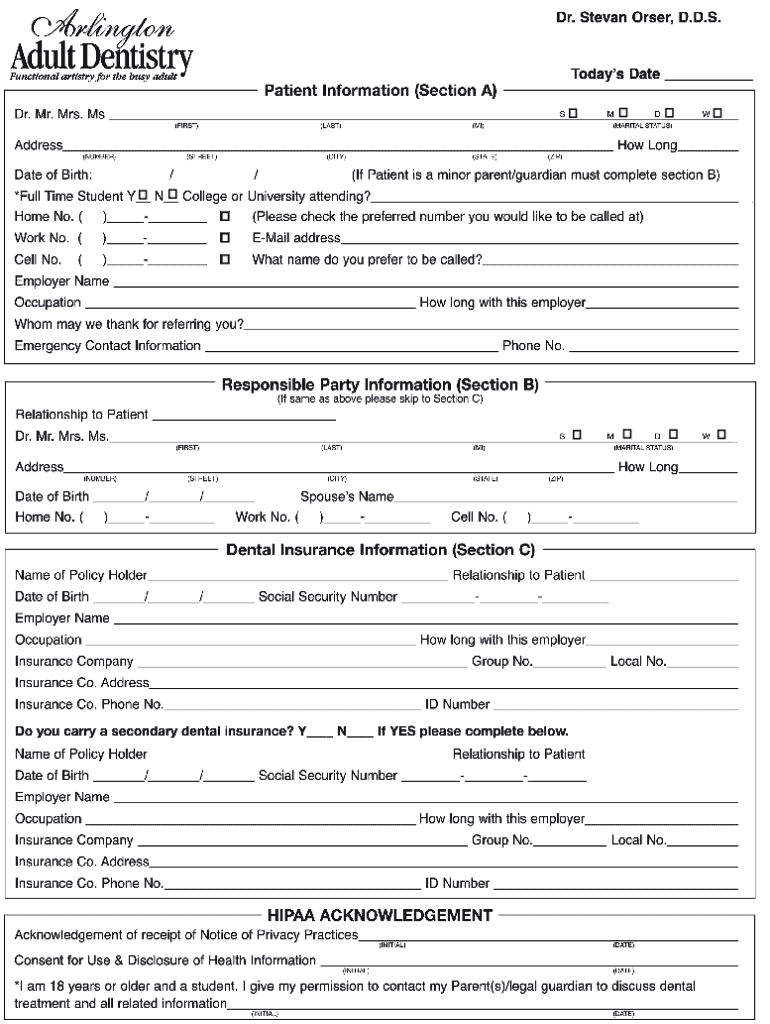 Fillable Online 18510 Arlington Dental Info Form Fax Email Print ...