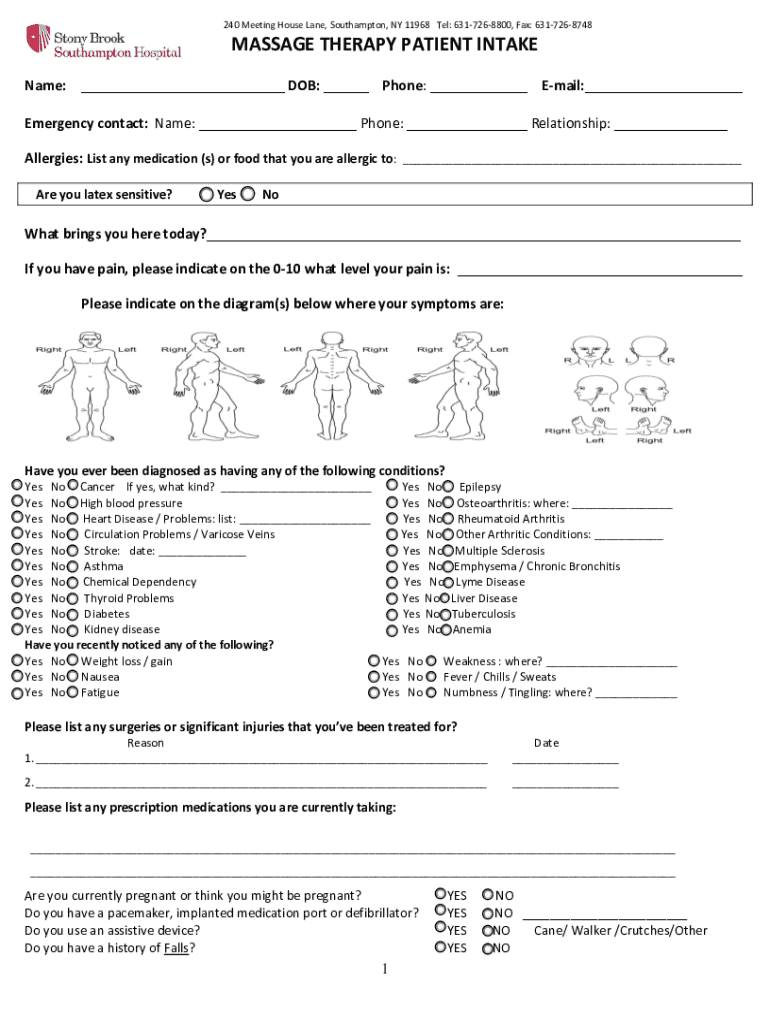 Fillable Online Patient Intake Form for Massage Therapy Fax Email Print ...