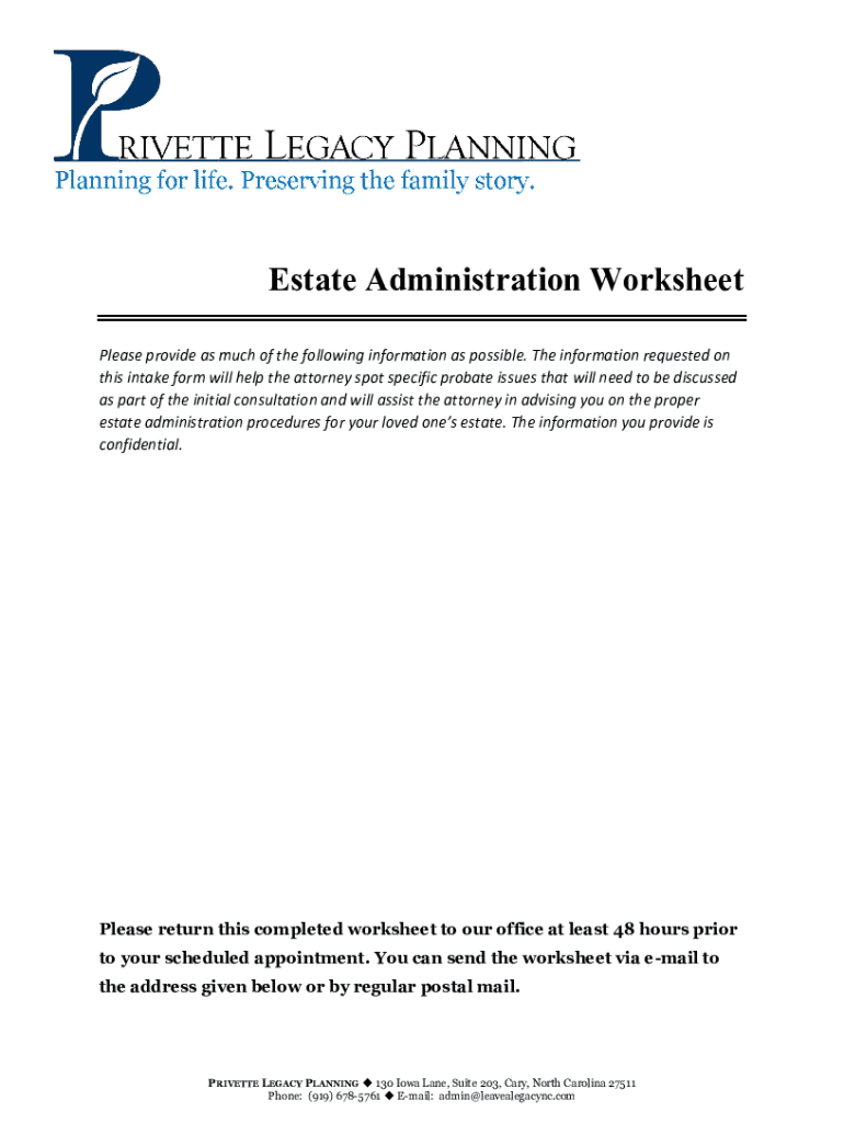 Fillable Online Estate Administration Worksheet - Intestate Fax Email ...