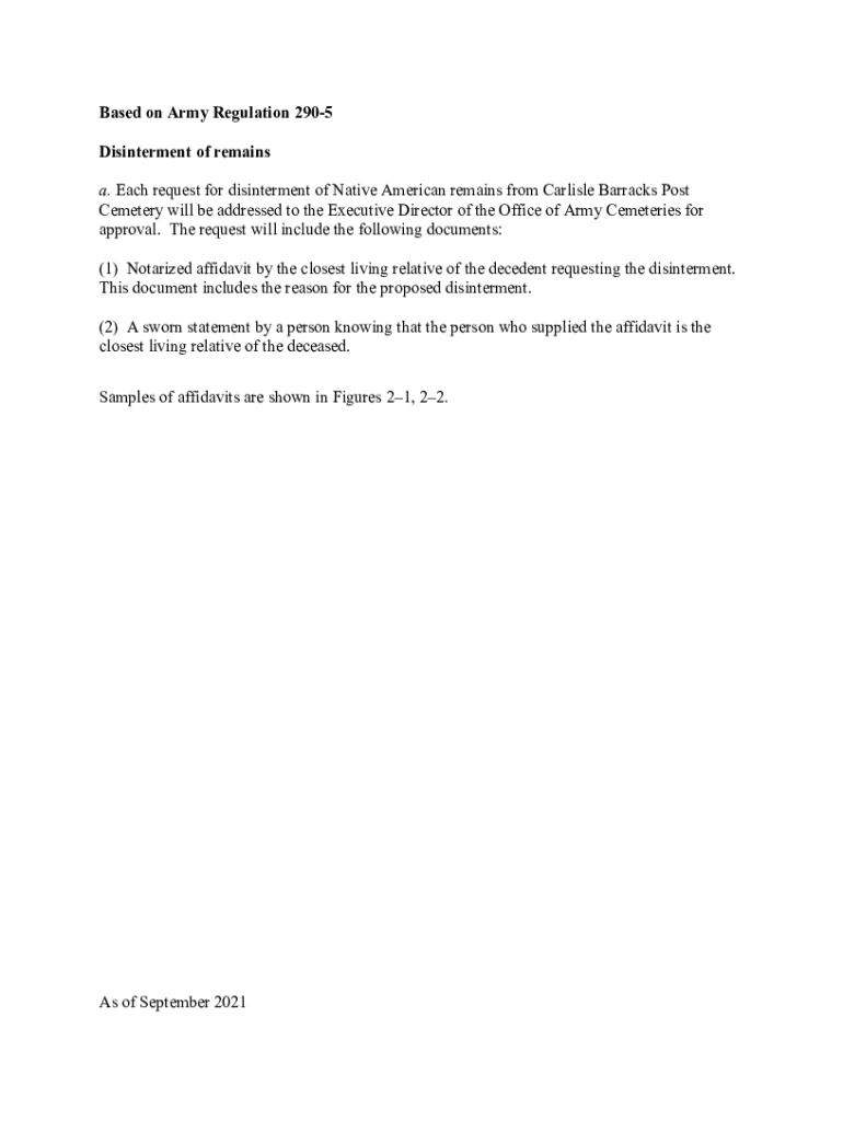 Fillable Online Based on Army Regulation 290-5 Disinterment of remains ...