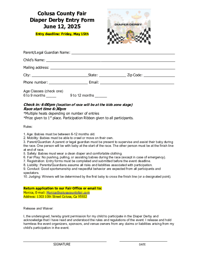 Fillable Online Colusa County Fair Diaper Derby Entry Form June 12 ...