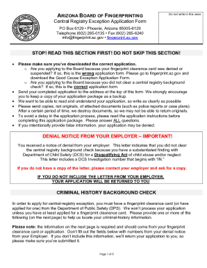 Fillable Online Arizona Board of Fingerprinting - Central Registry Exception Application Fax ...