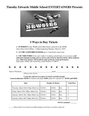 Fillable Online Timothy Edwards Middle School Entertainers Ticket ...