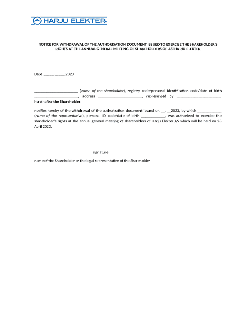 Withdrawal of Authorization Document Doc Template | pdfFiller