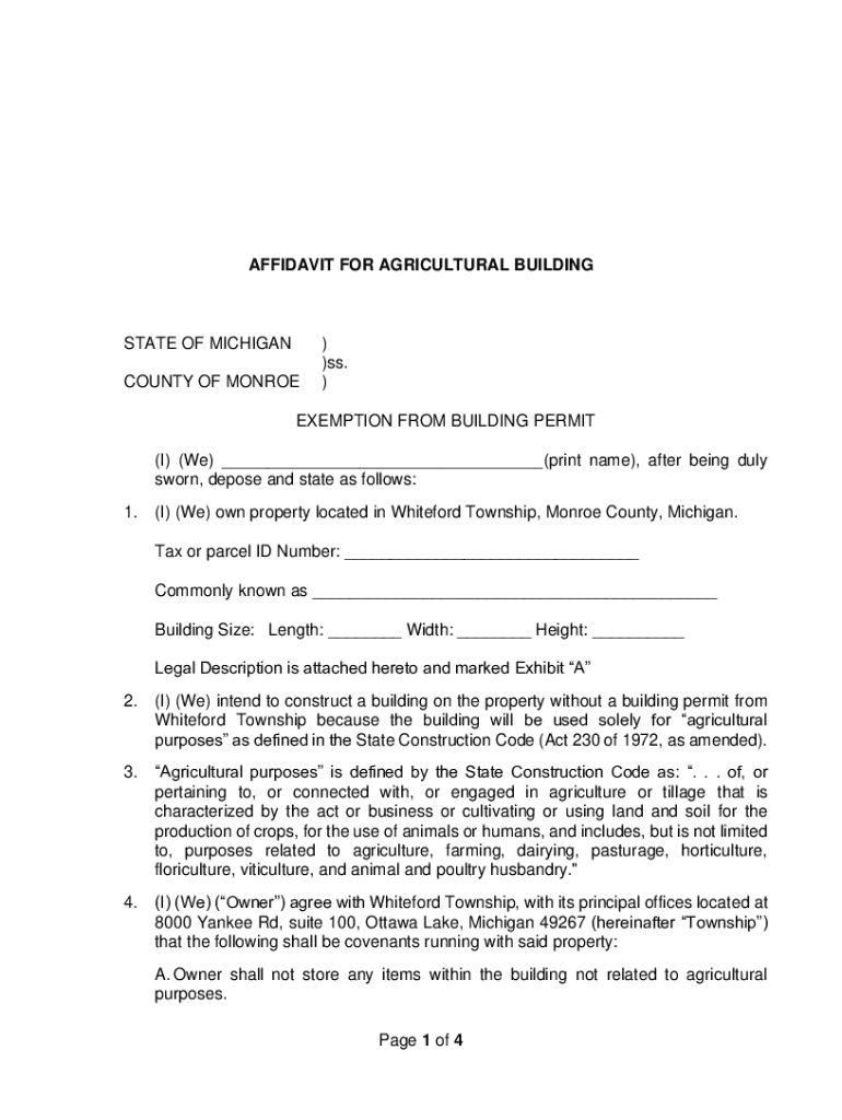 Fillable Online Affidavit for Agricultural Building Construction ...