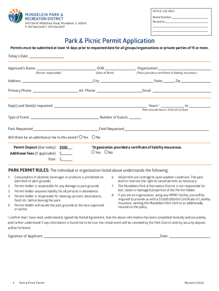 Fillable Online Mundelein Park & Recreation District Park & Picnic ...