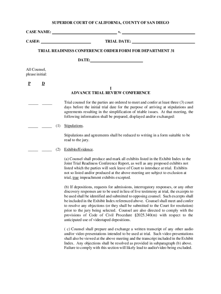 Fillable Online Trial Readiness Conference Order for Department 31 Fax ...