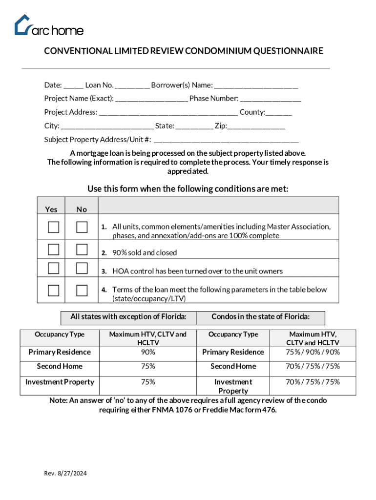 Fillable Online Conventional Limited Review Condominium Questionnaire ...