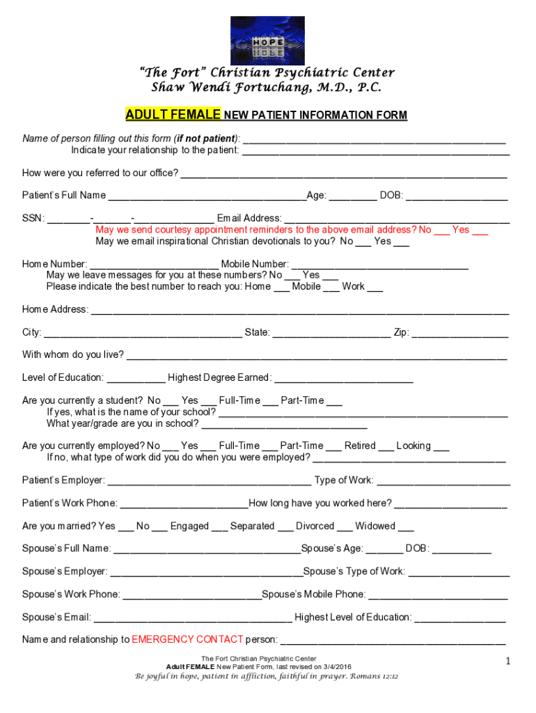 Fillable Online Adult Female New Patient Information Form Fax Email ...