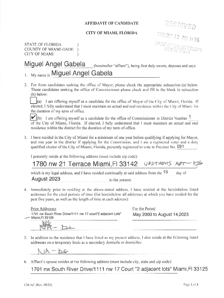Fillable Online I. My name is Miguel Angel Gabel a 1780 nw 21 Terrace ...