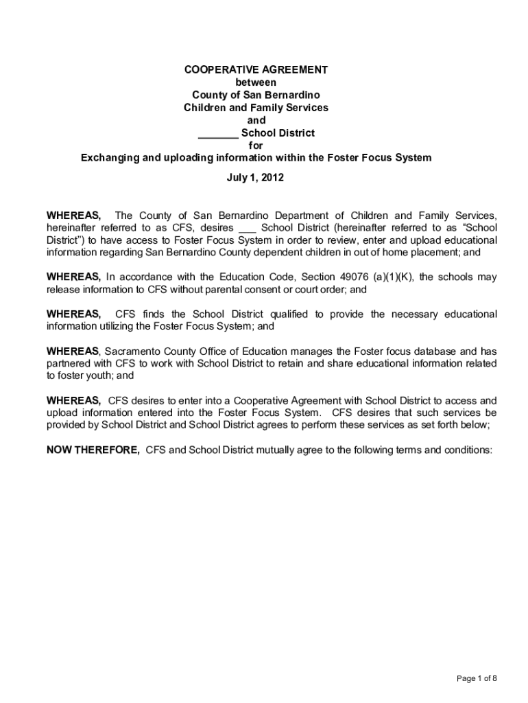 Fillable Online Cooperative Agreement Between County of San Bernardino Children and Family ...