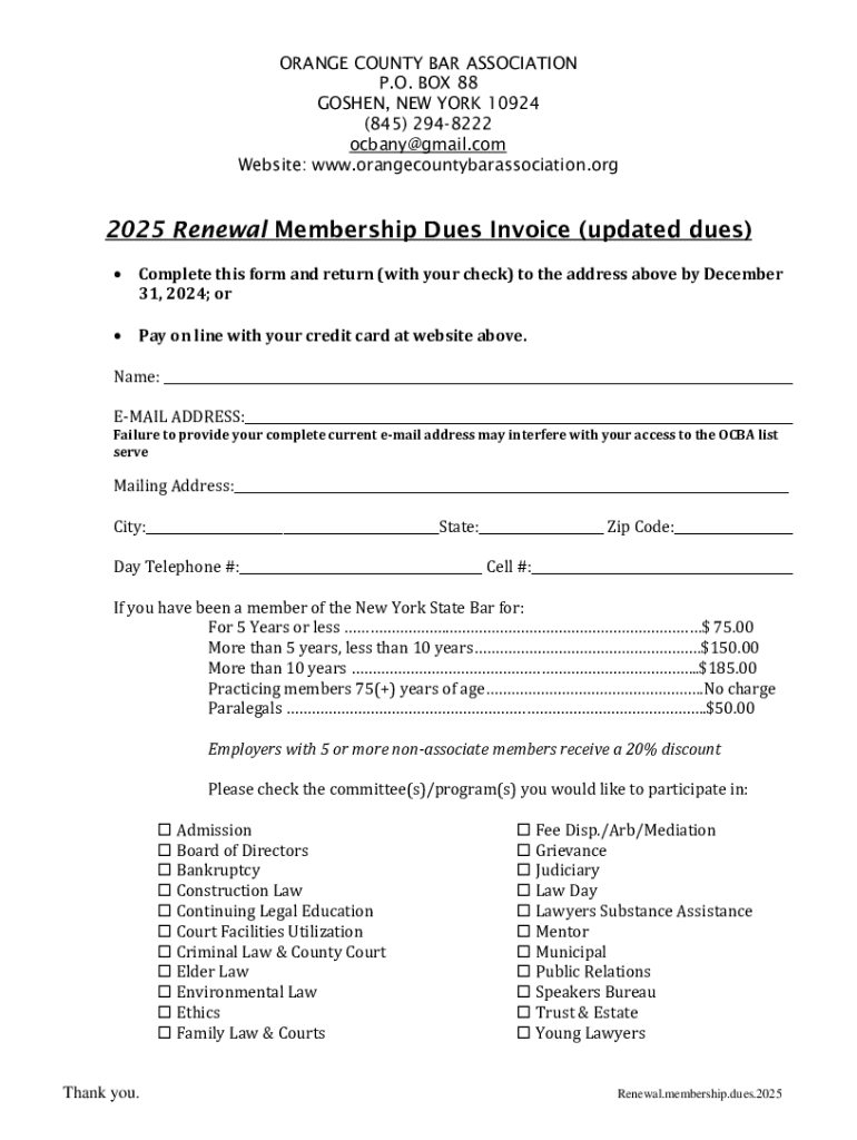 Fillable Online 2025 Renewal Membership Dues Invoice (updated dues) Fax ...