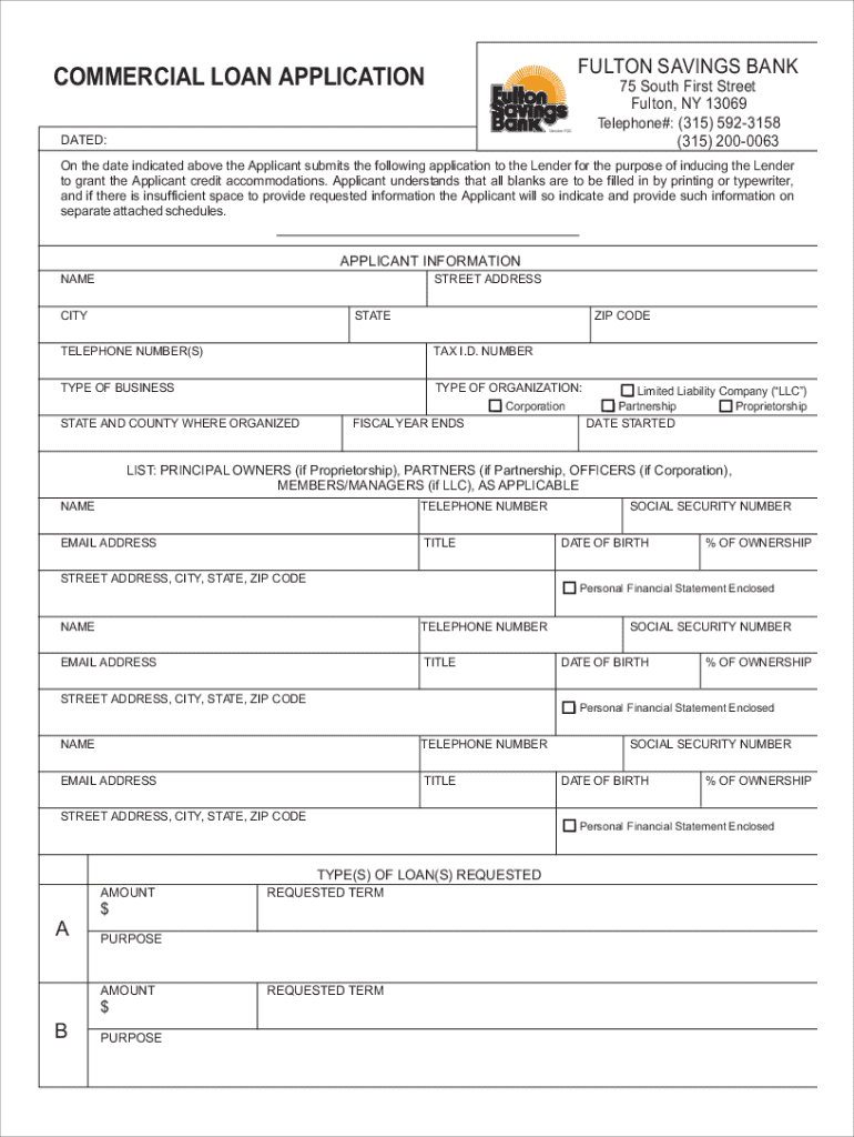 Fillable Online Fulton Savings Bank Commercial Loan Application Fax ...