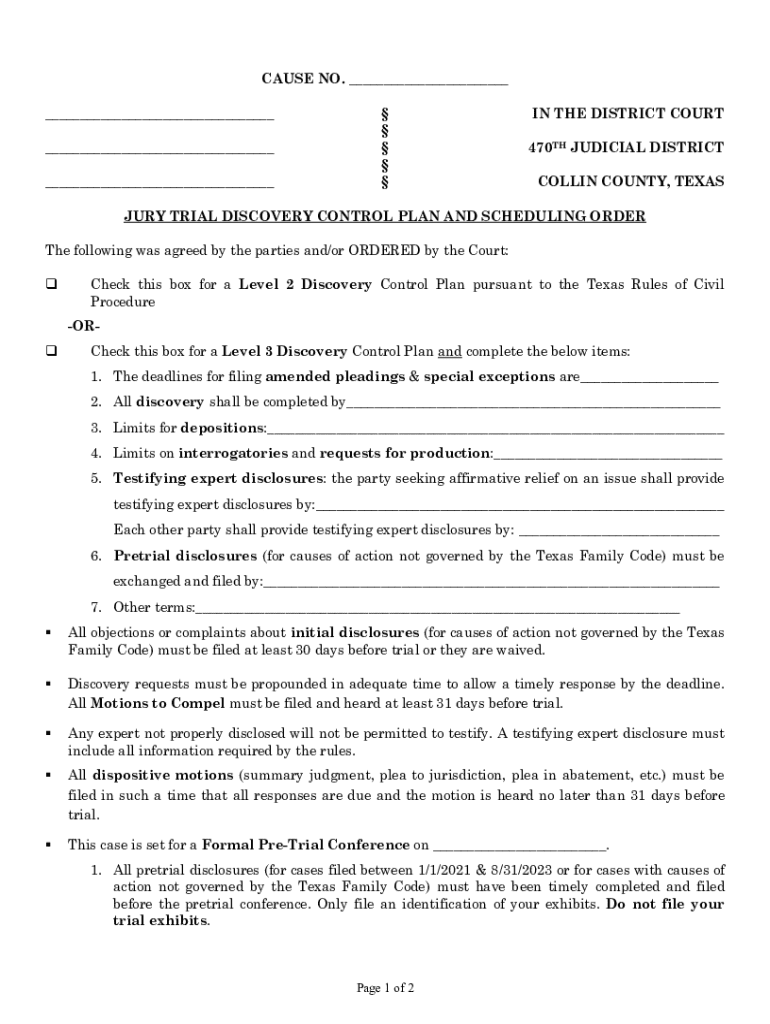 Fillable Online Jury Trial Discovery Control Plan and Scheduling Order Fax Email Print - pdfFiller