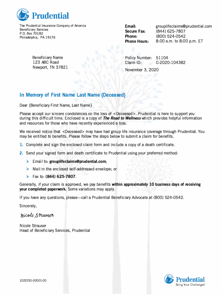 Fillable Online Prudential Group Life Insurance Beneficiary Claim Fax ...