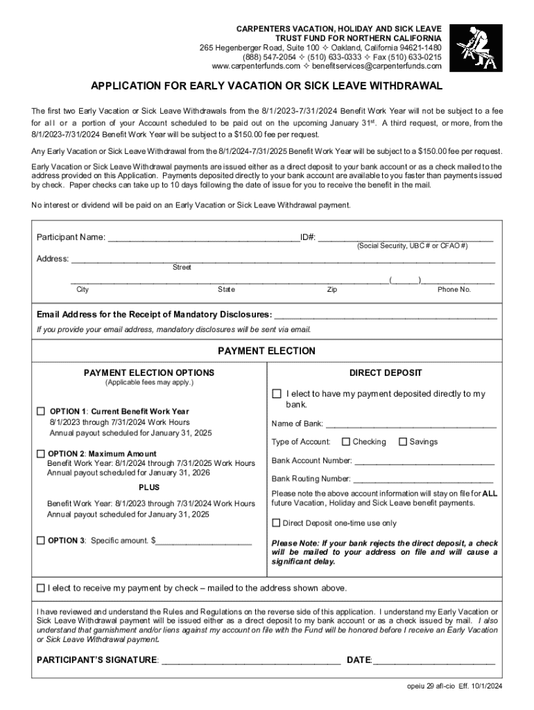 Fillable Online Carpenters Vacation, Holiday and Sick Leave Trust Fund ...