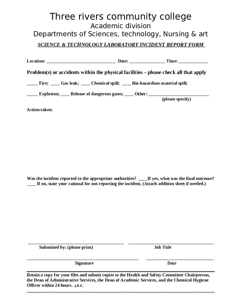 Science & Technology Laboratory Incident Report Doc Template | pdfFiller