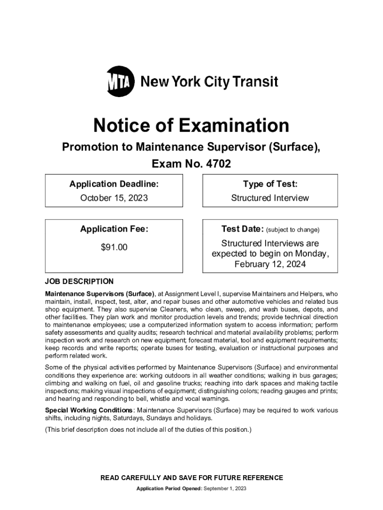 Fillable Online Notice of Examination - Promotion to Maintenance ...