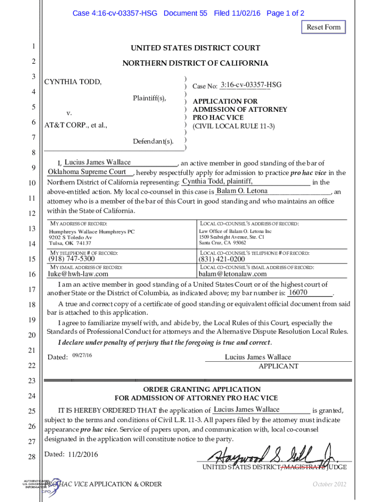 Fillable Online Application for Admission of Attorney Pro Hac Vice in ...