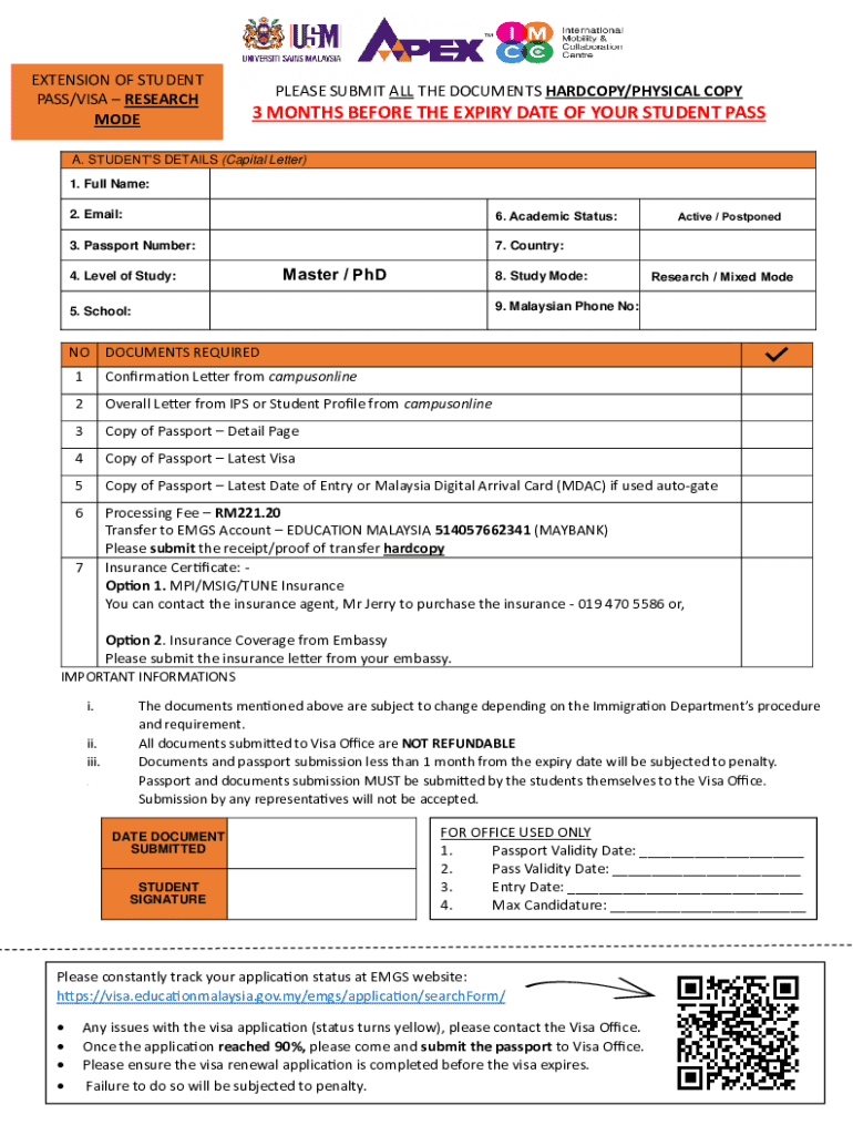 Fillable Online Extension of Student Pass/visa – Research Mode Fax ...
