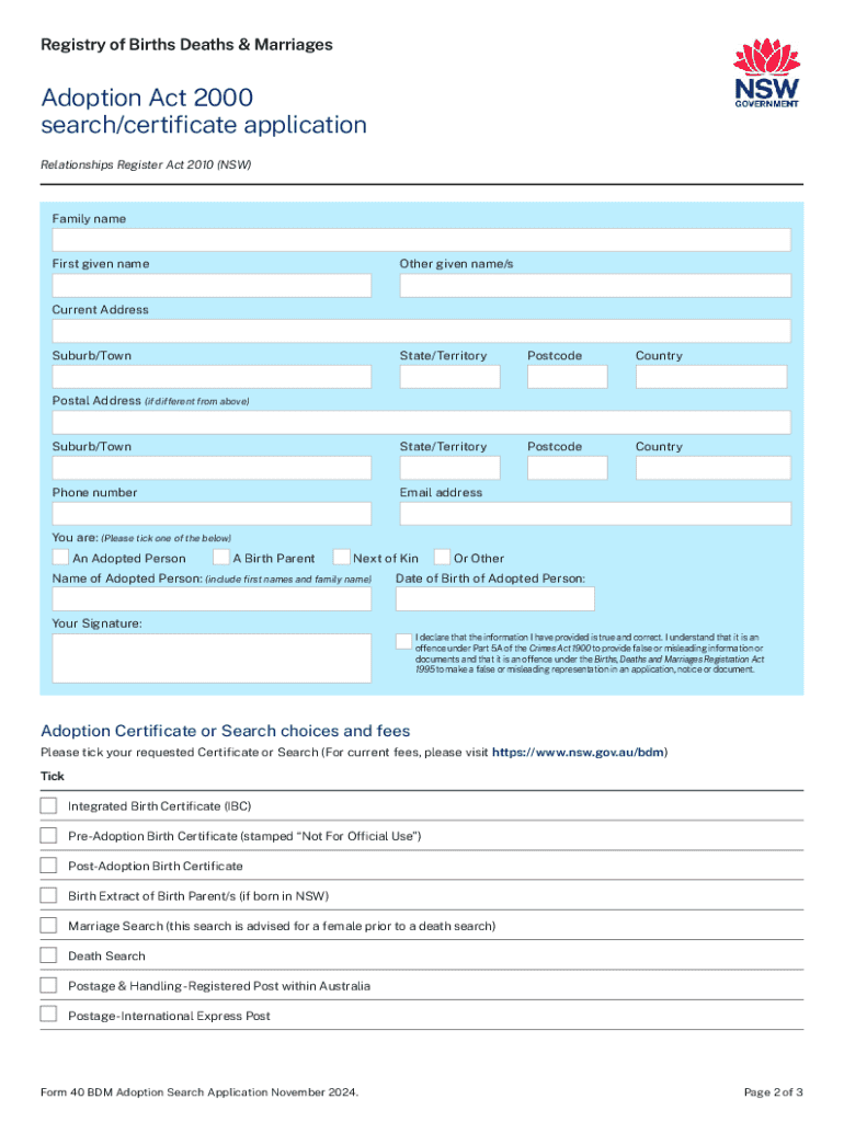 Fillable Online Adoption Act 2000 Search/Certificate Application Fax ...