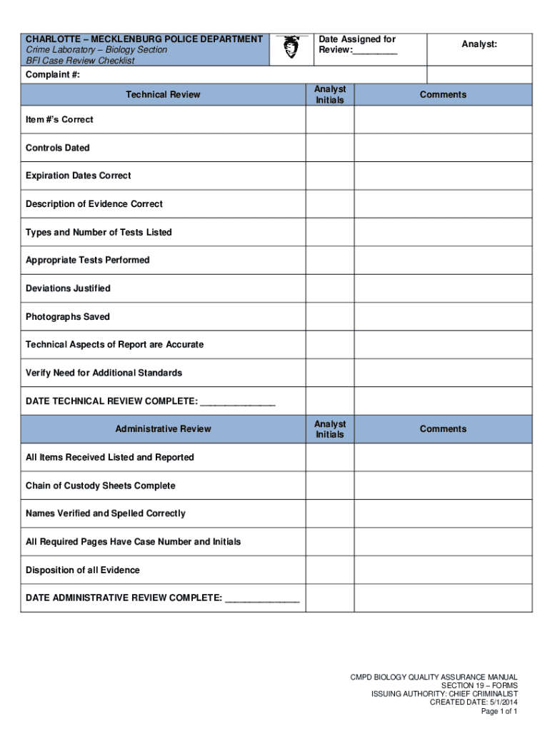 Fillable Online Crime Laboratory – Biology Section Review Checklist Fax ...