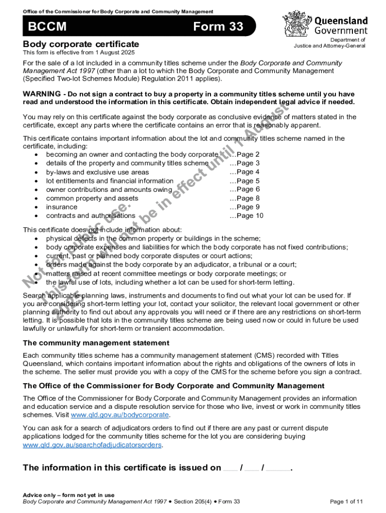 Fillable Online BCCM Form 33 - Body corporate certificate - NOT YET IN ...
