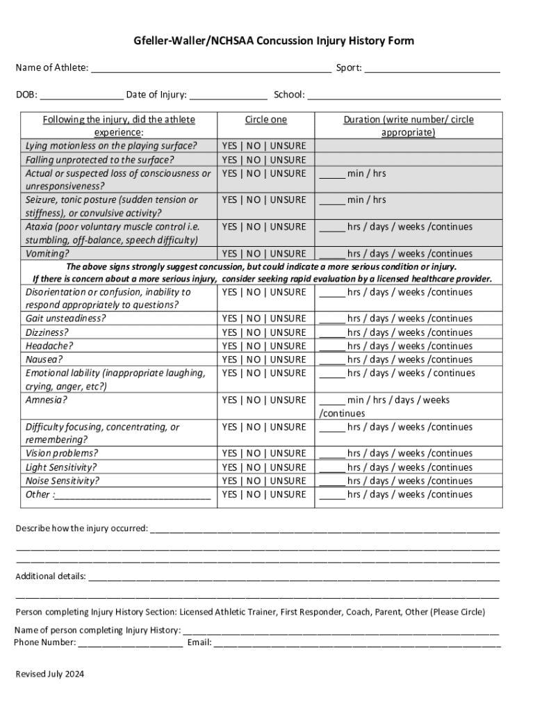 Fillable Online Concussion Injury History Form Fax Email Print - pdfFiller