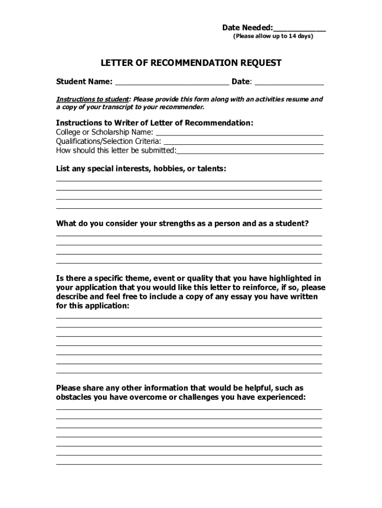 Fillable Online Letter of Recommendation Request Form and Student ...