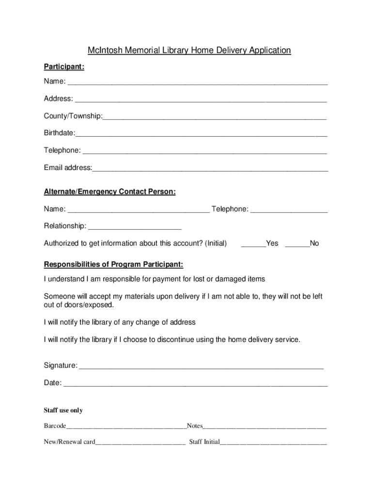 Fillable Online Mcintosh Memorial Library Home Delivery Application Fax ...