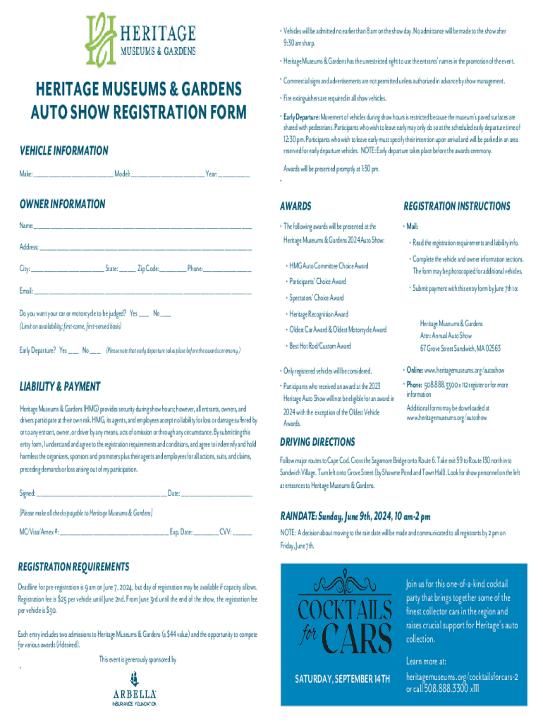Fillable Online Heritage Museums & Gardens Auto Show Registration Fax Email Print - pdfFiller