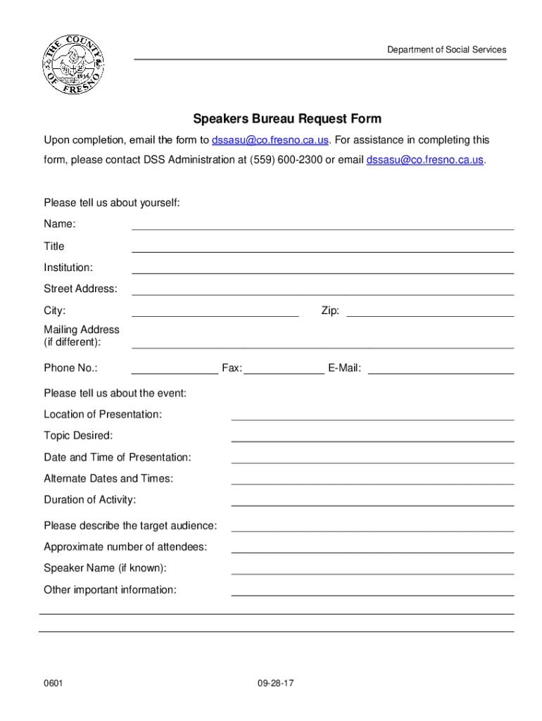 Fillable Online Department of Social Services Speakers Bureau Request Fax Email Print - pdfFiller