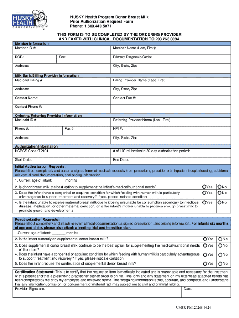 Fillable Online Prior Authorization Request for Donor Breast Milk Fax ...