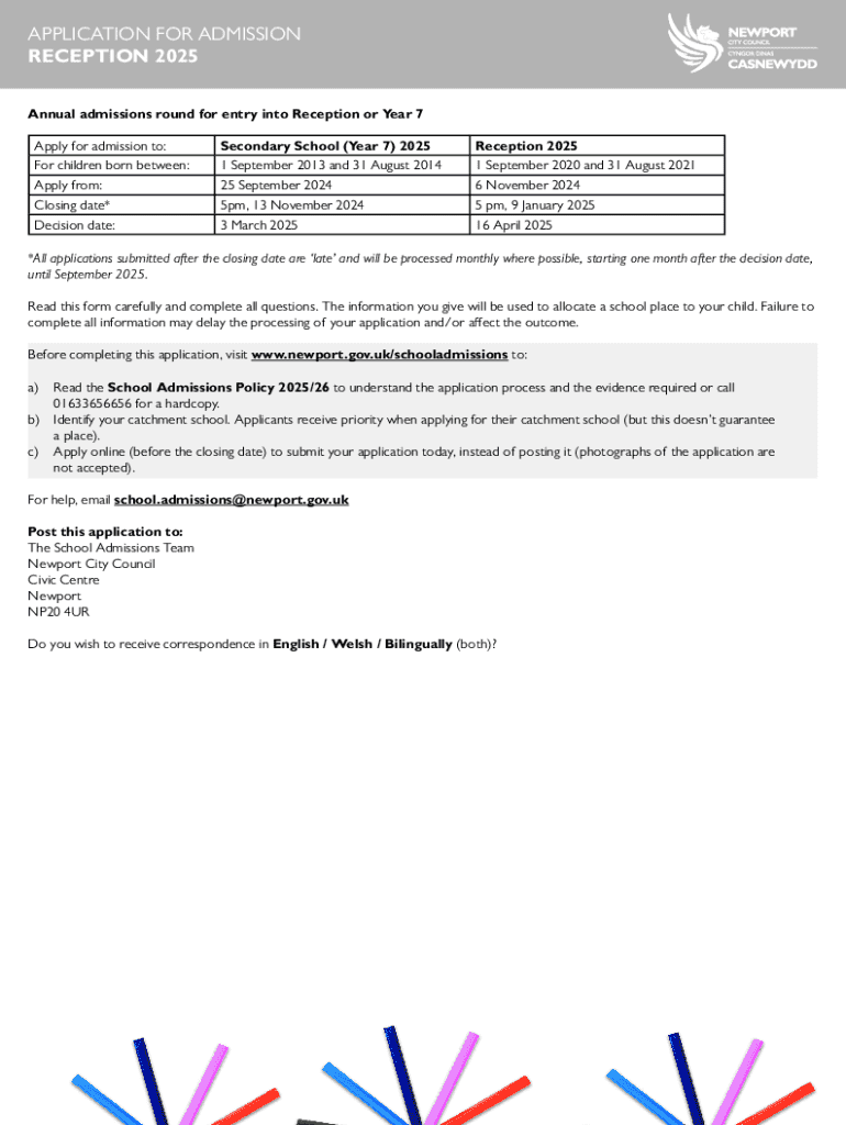 Fillable Online Application for Admission to Reception or Year 7 Fax Email Print - pdfFiller