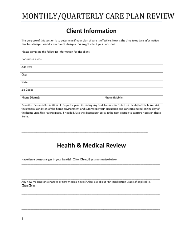 Fillable Online Quarterly Care Plan Review Fax Email Print - pdfFiller