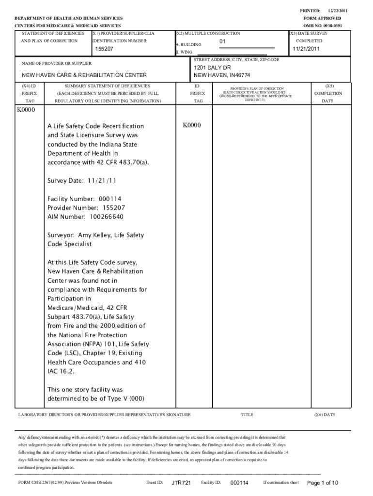 Fillable Online Statement of Deficiencies and Plan of Correction Fax ...