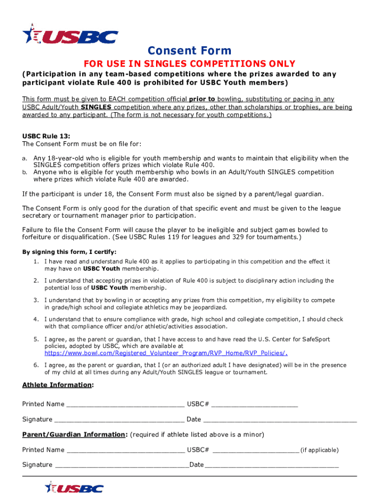 Fillable Online Consent Form for Usbc Singles Competitions Fax Email ...