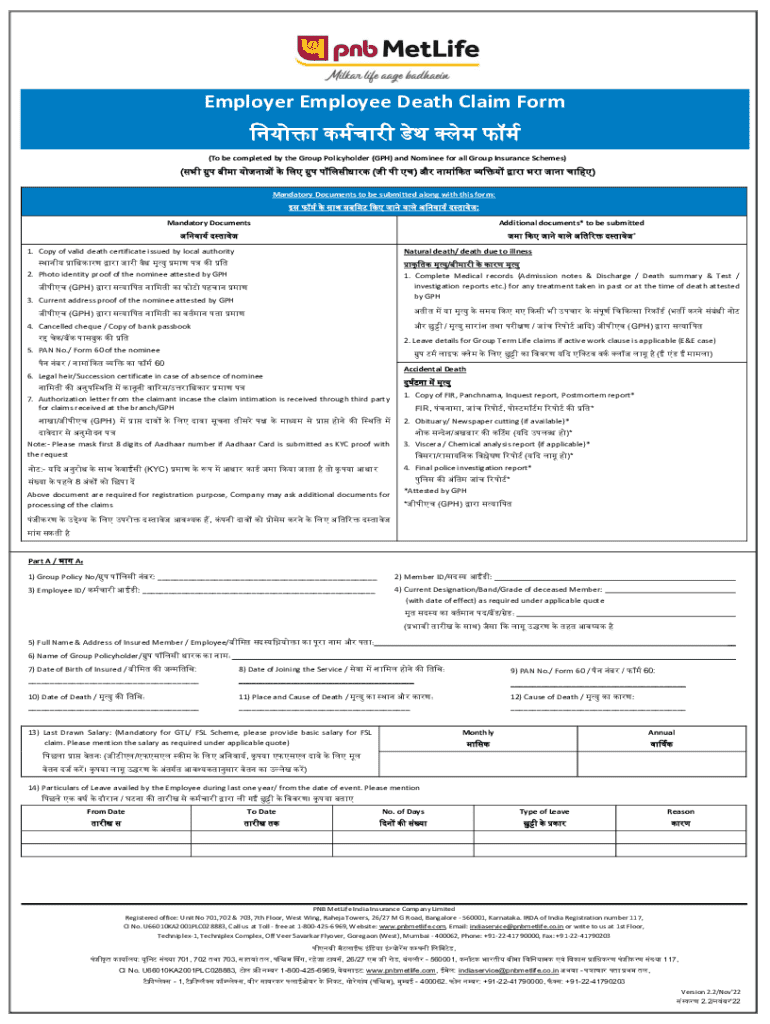Fillable Online Employer Employee Death Claim Form Fax Email Print ...