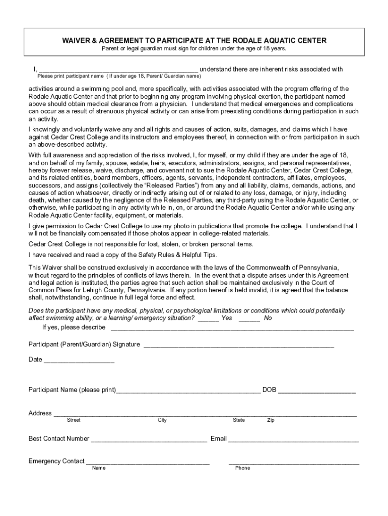 Fillable Online Waiver & Agreement to Participate at the Rodale Aquatic ...