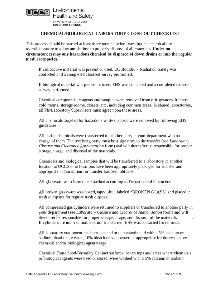 Chemical Biological Laboratory Close-out Checklist Doc Template | pdfFiller
