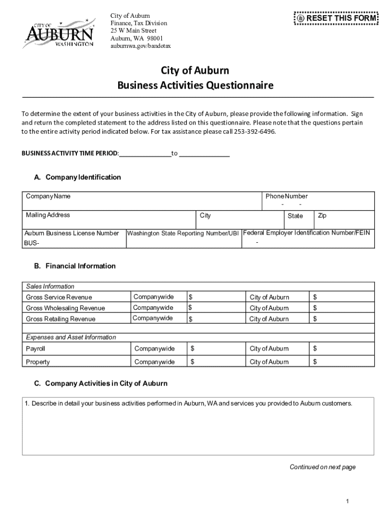 Fillable Online City of Auburn Business Activities Questionnaire Fax ...