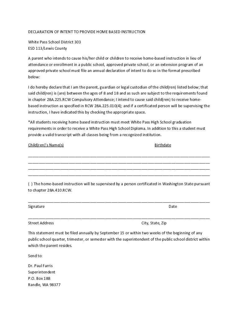 Fillable Online Home Based Instruction Declaration Fax Email Print - pdfFiller