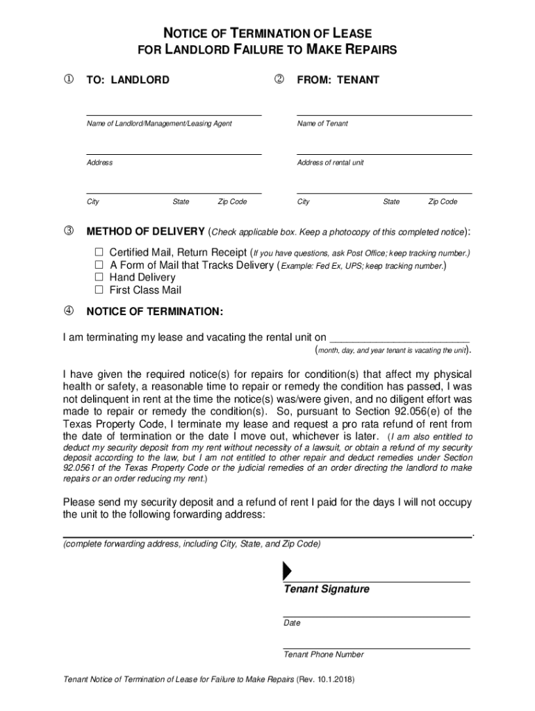 Fillable Online Termination of Lease for Landlord Failure to Make ...